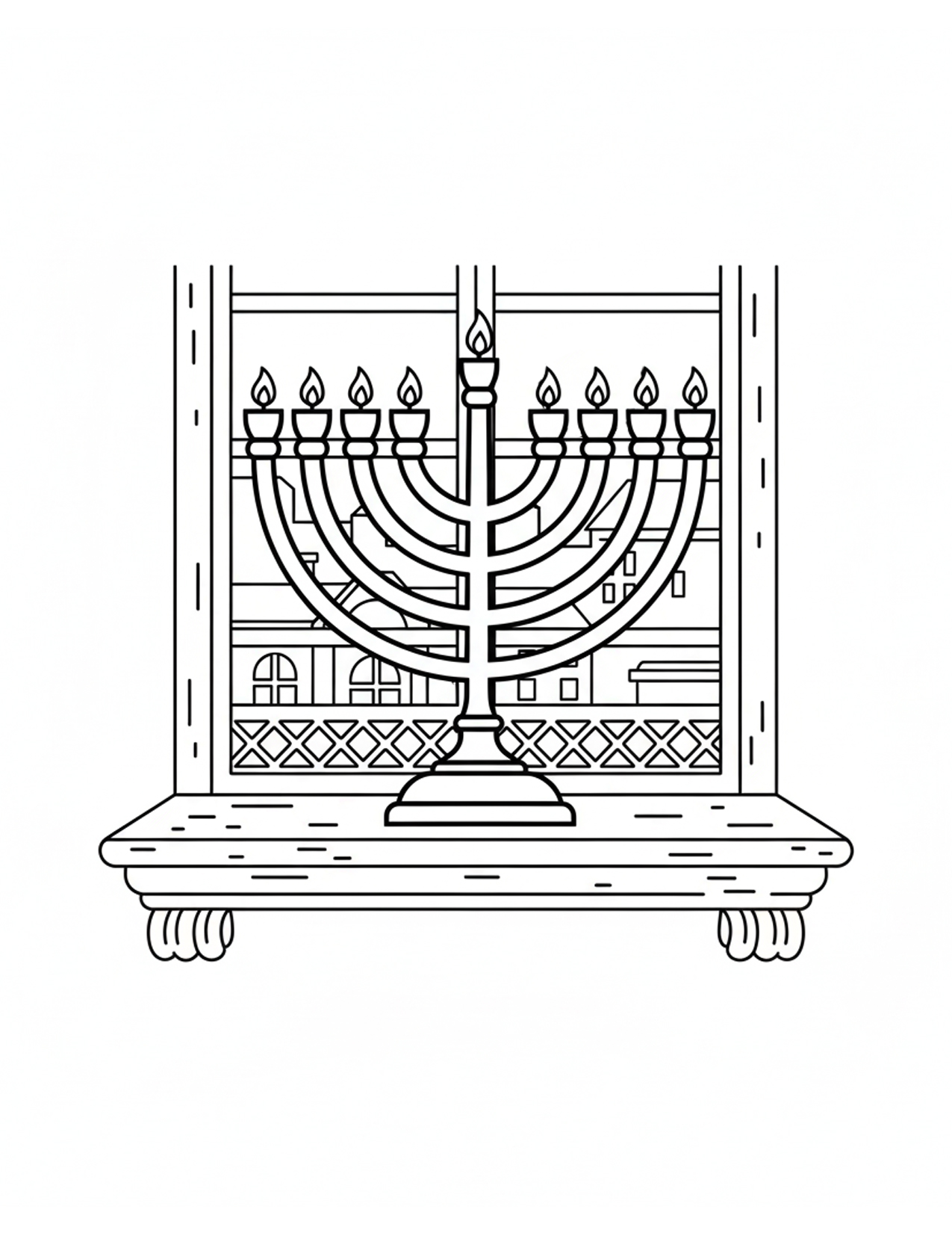 דפי צביעה לחנוכה | חנוכיה על אדן החלון - עולם הילדים