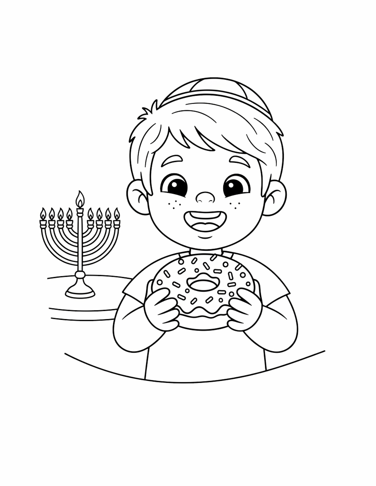 דפי צביעה לחנוכה | ילד אוכל סופגניה בהנאה - עולם הילדים